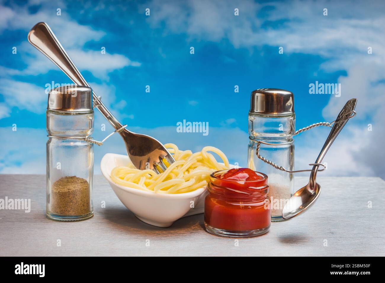 Puppets of dishes for spices cooked spaghetti with ketchup Stock Photo ...