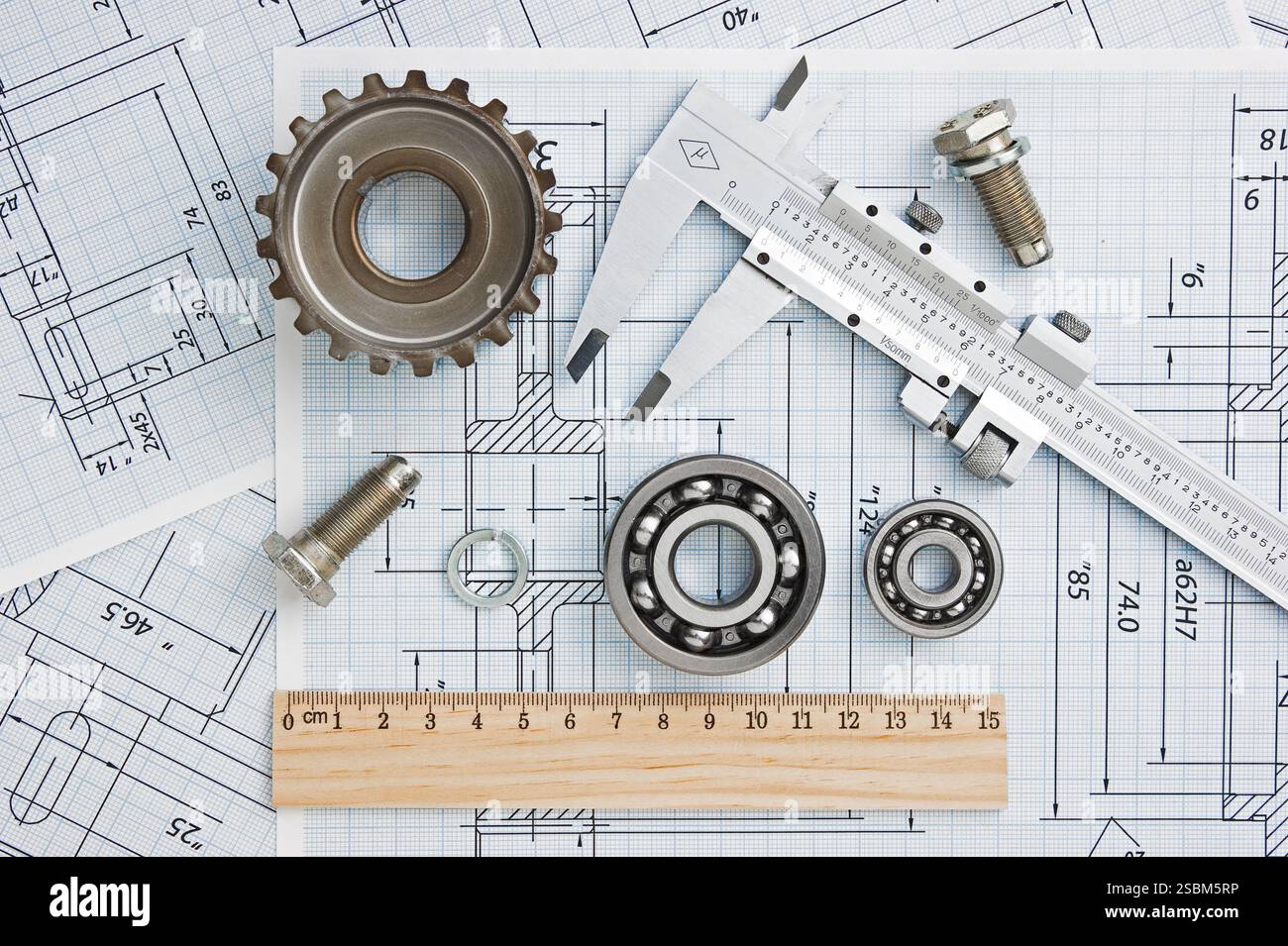 tools and mechanisms detail on the background of technical drawings ...