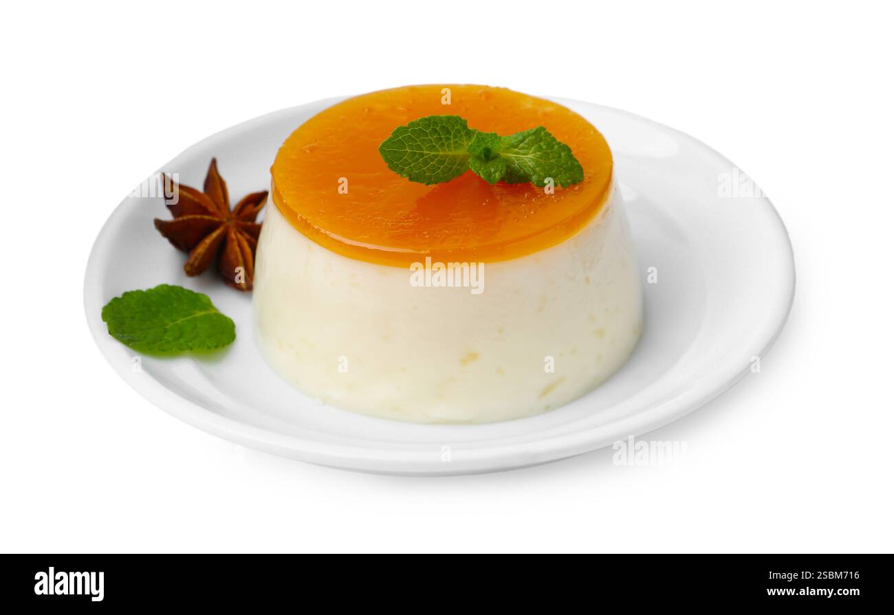 Tasty pudding with caramel sauce and mint isolated on white Stock Photo ...