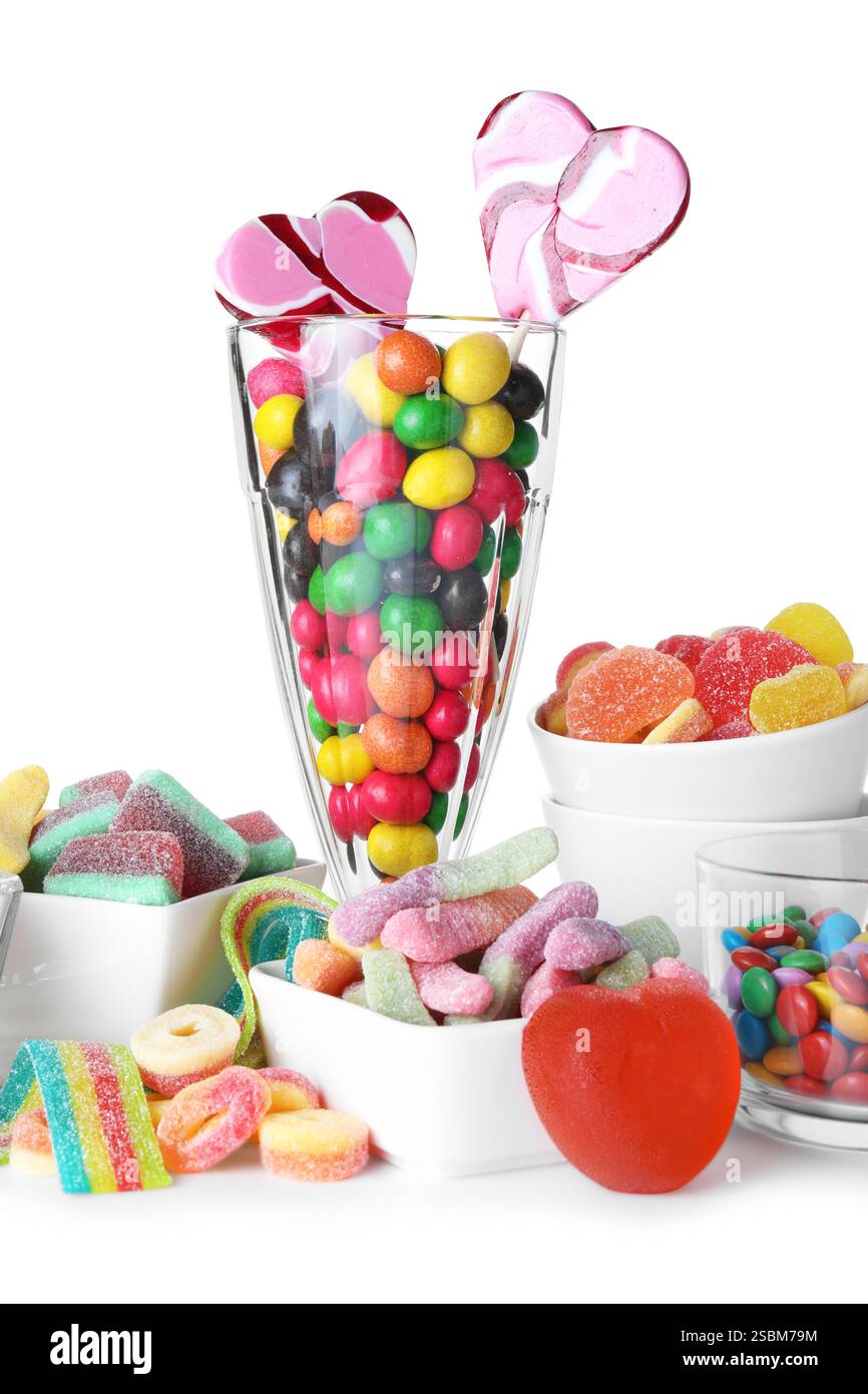 Candy bar. Many different tasty sweets on white background Stock Photo ...
