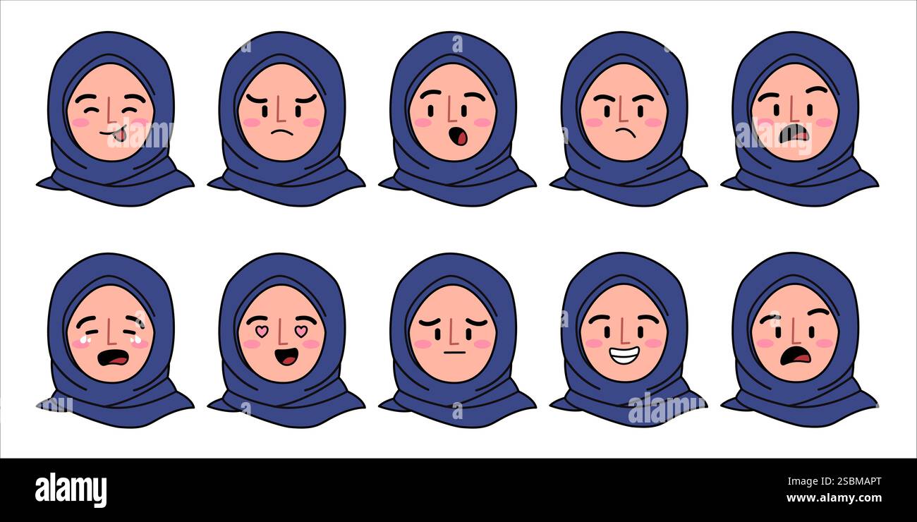 Islam icon set collection sticker girl wearing hijab headscarf emojis sad happy upset mad angry ...