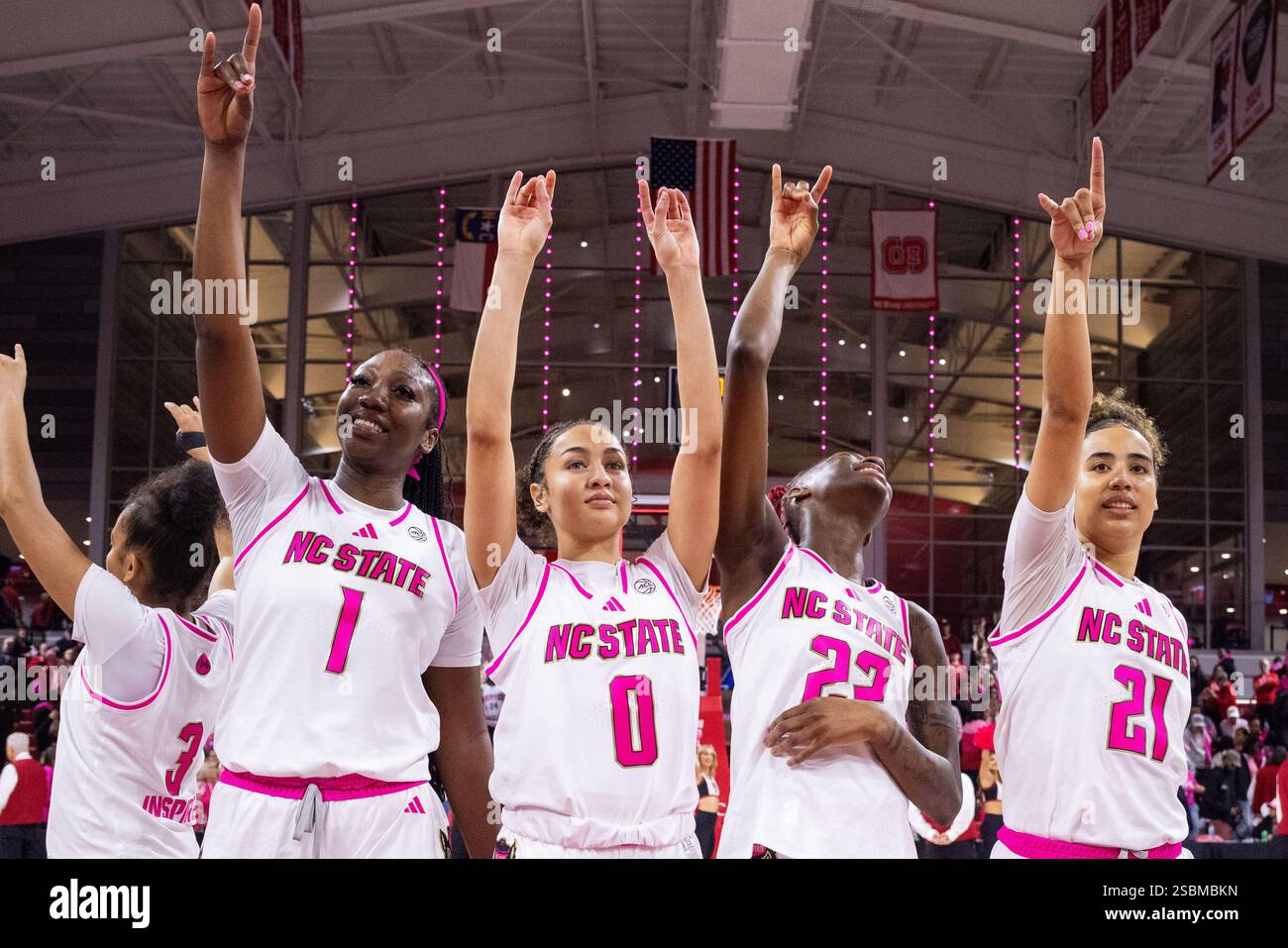 Raleigh, NC, USA. 3rd Feb, 2025. NC State center Lorena Awou (1), guard ...