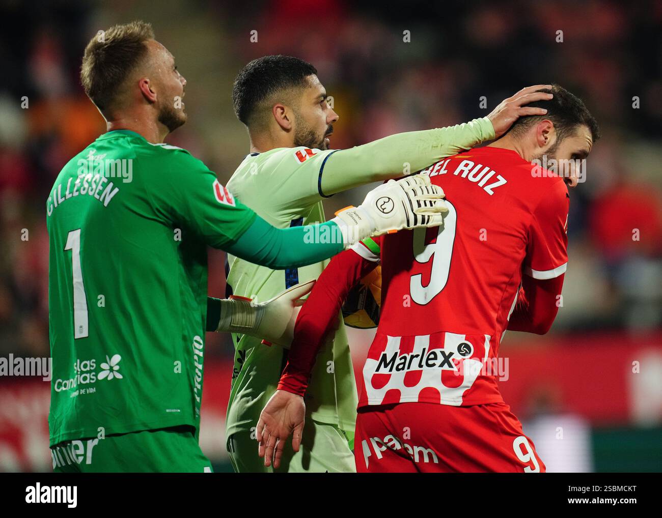 Girona, Spain. 04th Feb, 2025. Jasper Cillessen, Alex Suarez of UD Las Palmas and Abel Ruiz of ...