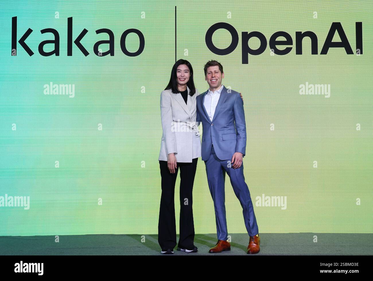 04th Feb, 2025. Kakao-OpenAI partnership Chung Shin-a (L), chief of South Korean tech giant ...