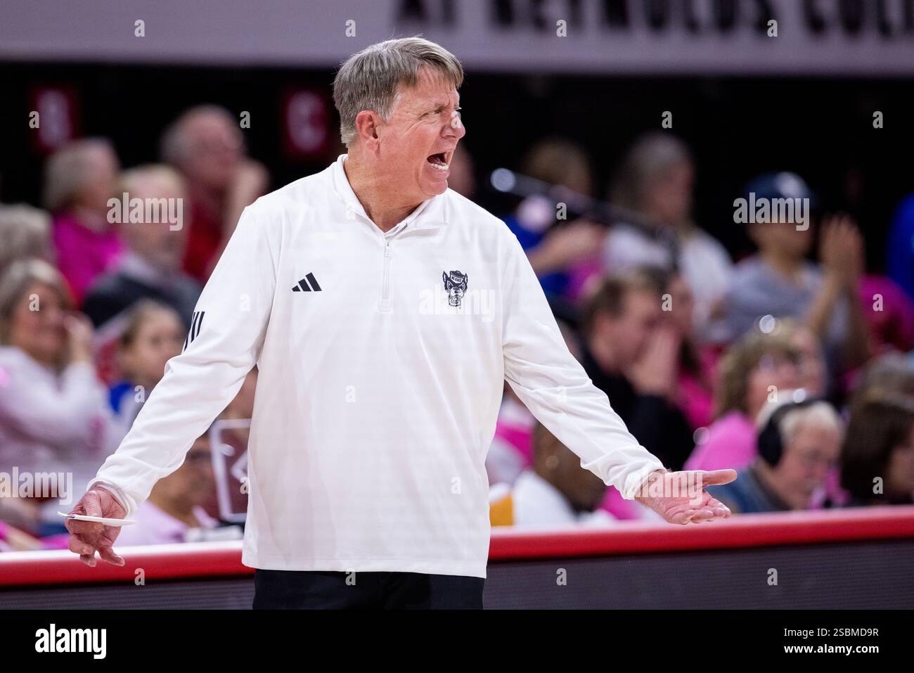 Raleigh, NC, USA. 3rd Feb, 2025. NC State head coach Wes Moore reacts ...