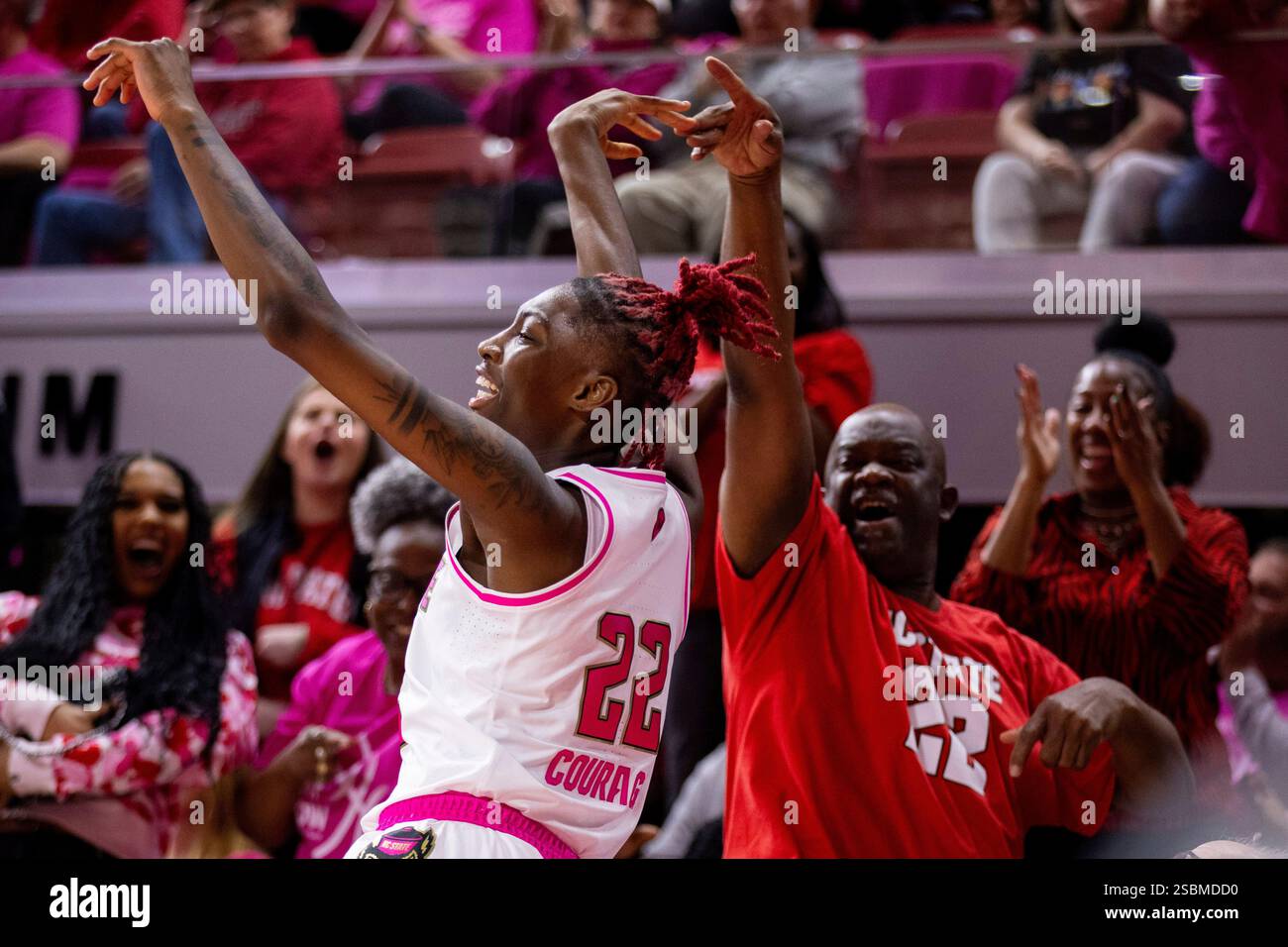 February 3, 2025: NC State guard Saniya Rivers (22) celebrates with her ...