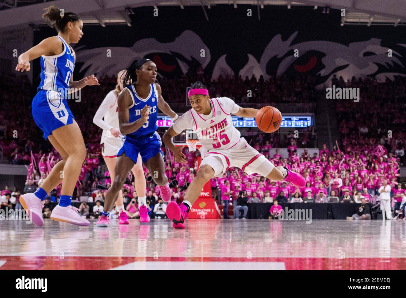 February 3, 2025: NC State guard Zoe Brooks (35) drives on Duke guard ...
