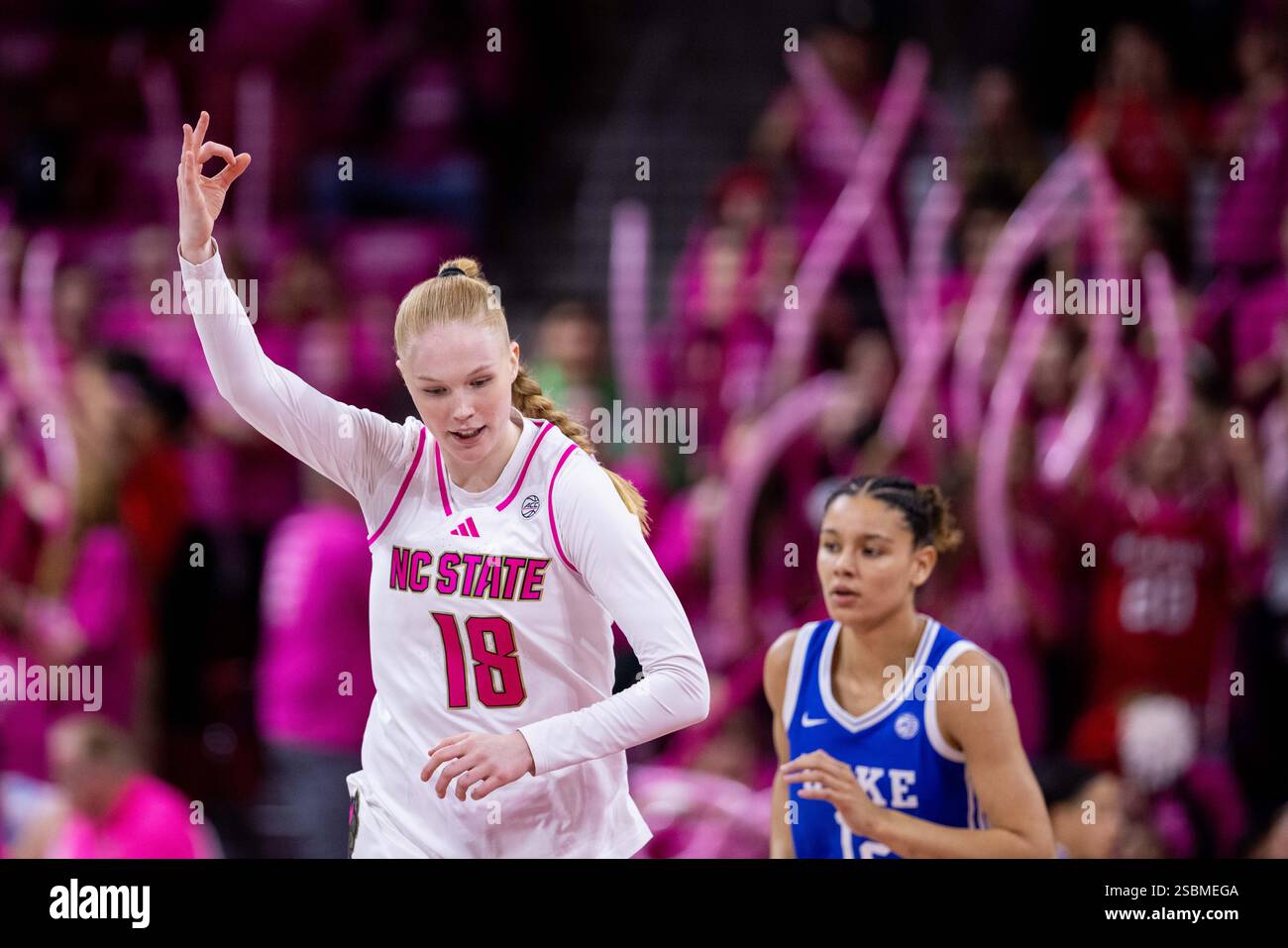 February 3, 2025: NC State forward Tilda Trygger (18) celebrates a ...