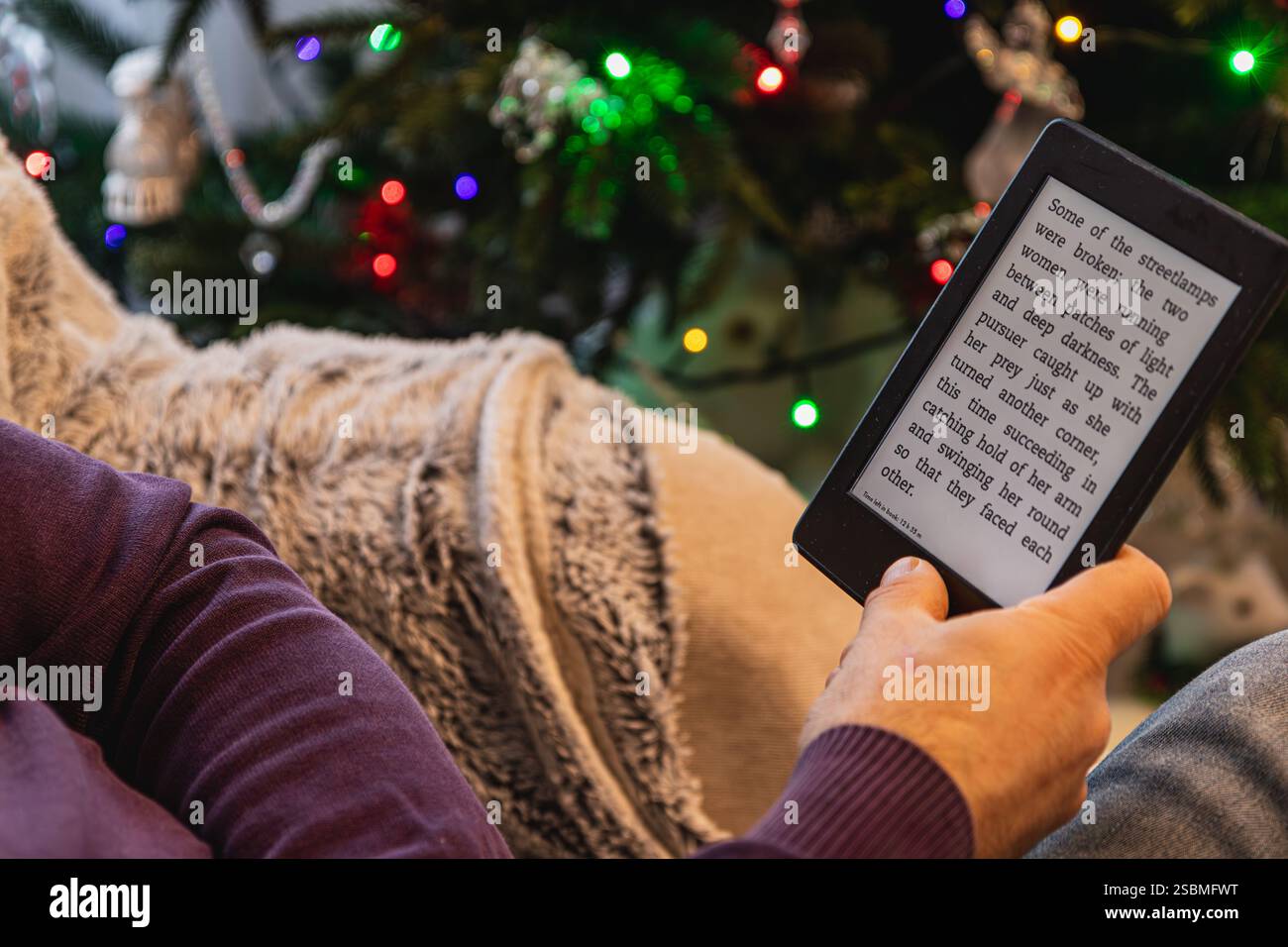 A person relaxes on a comfy couch, engrossed in an e book. Colorful ...