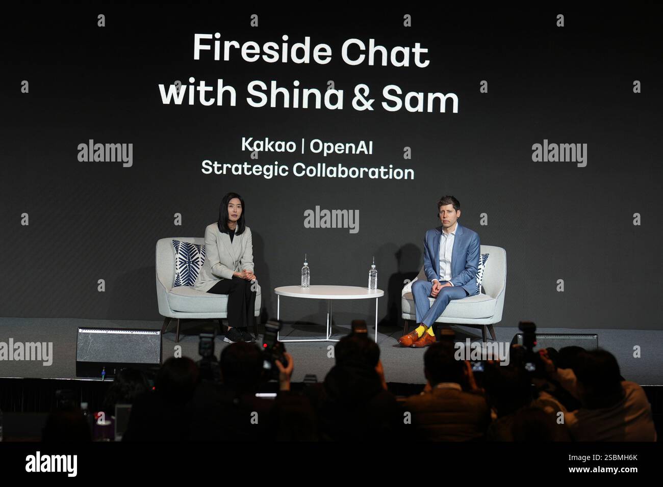 Open AI CEO Sam Altman, right, and Kakao CEO Shina Chung attend at the ...