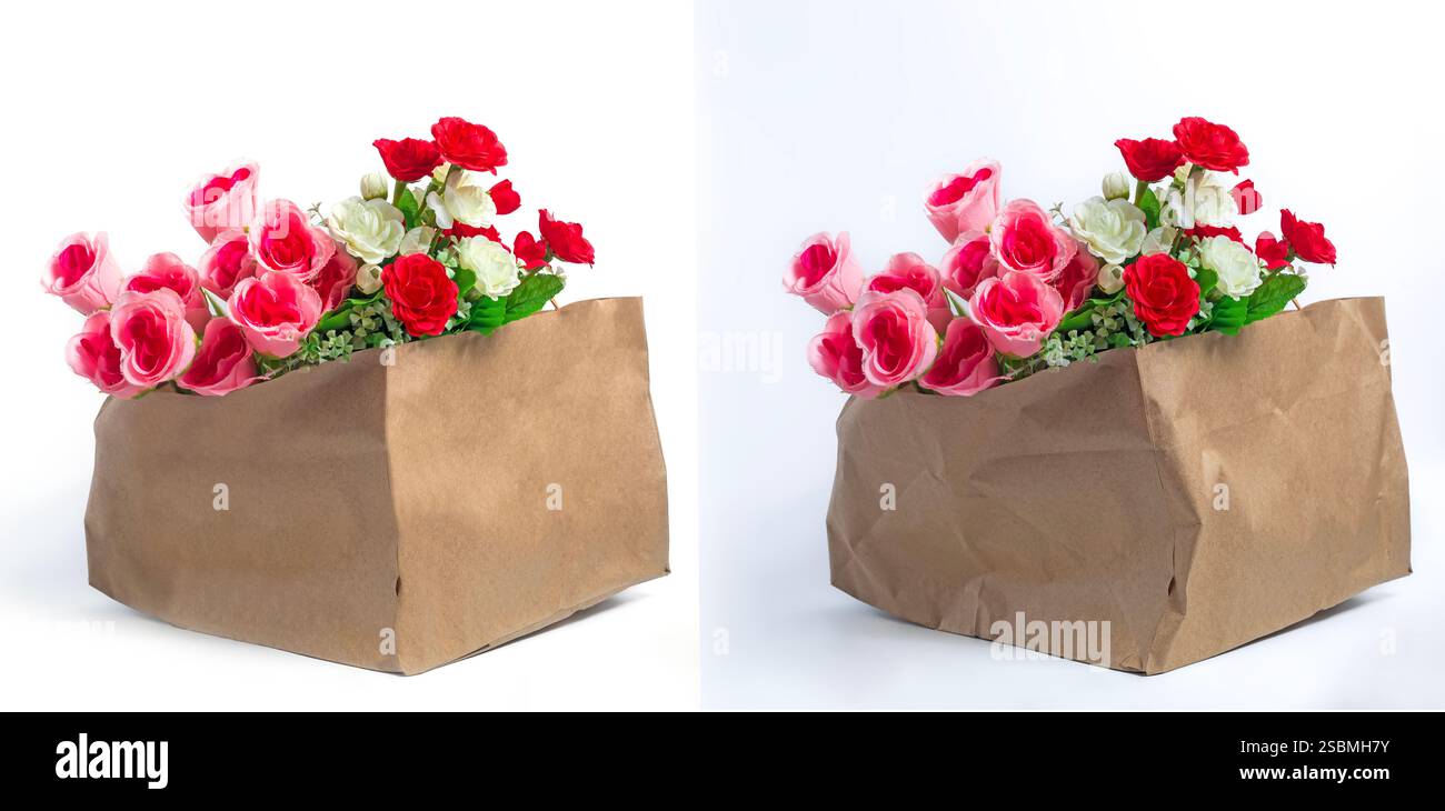 A colorful flower in a paper bag scene on a bright background ...