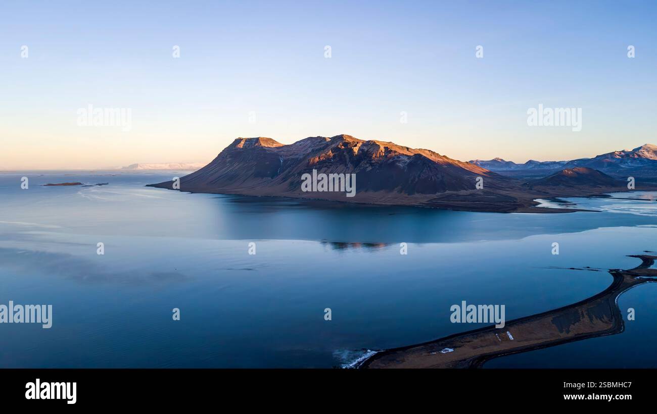 Aerial view of landscapes with a mountain range on Kolgrafarfjördur or ...