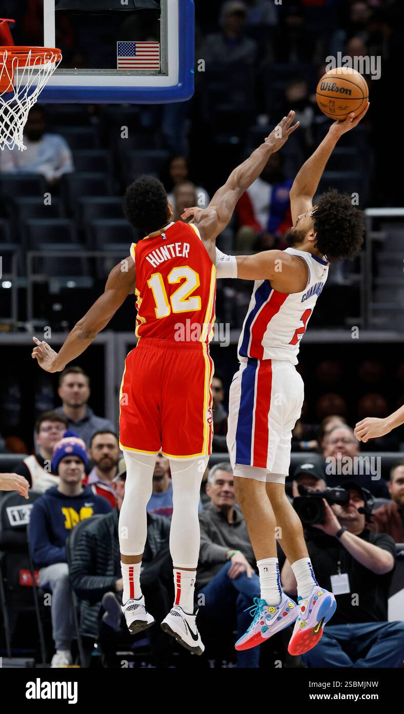Detroit Pistons guard Cade Cunningham (2) takes a shot against Atlanta Hawks forward De'Andre ...