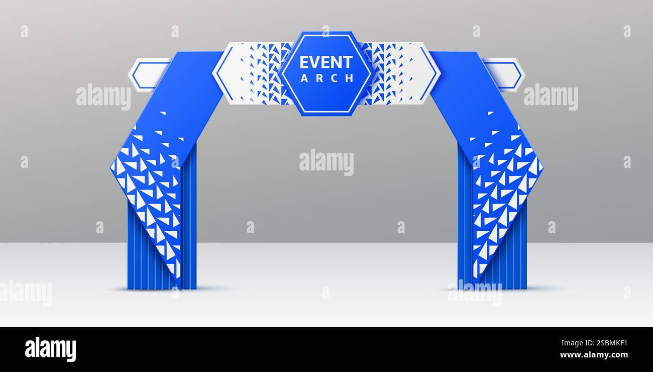 Blue event arch, realistic 3d vector exhibition entrance, modern arc gate with geometric ...
