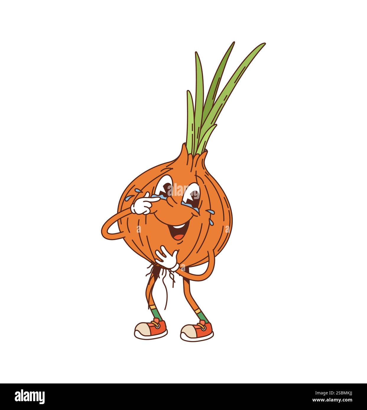 Cartoon groovy onion vegetable character smiling and crying with tears ...