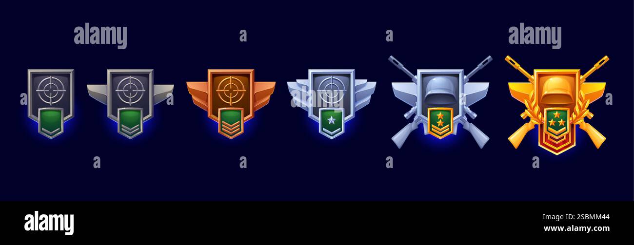 Military ground forces level medal, game rank badge sequence with ...