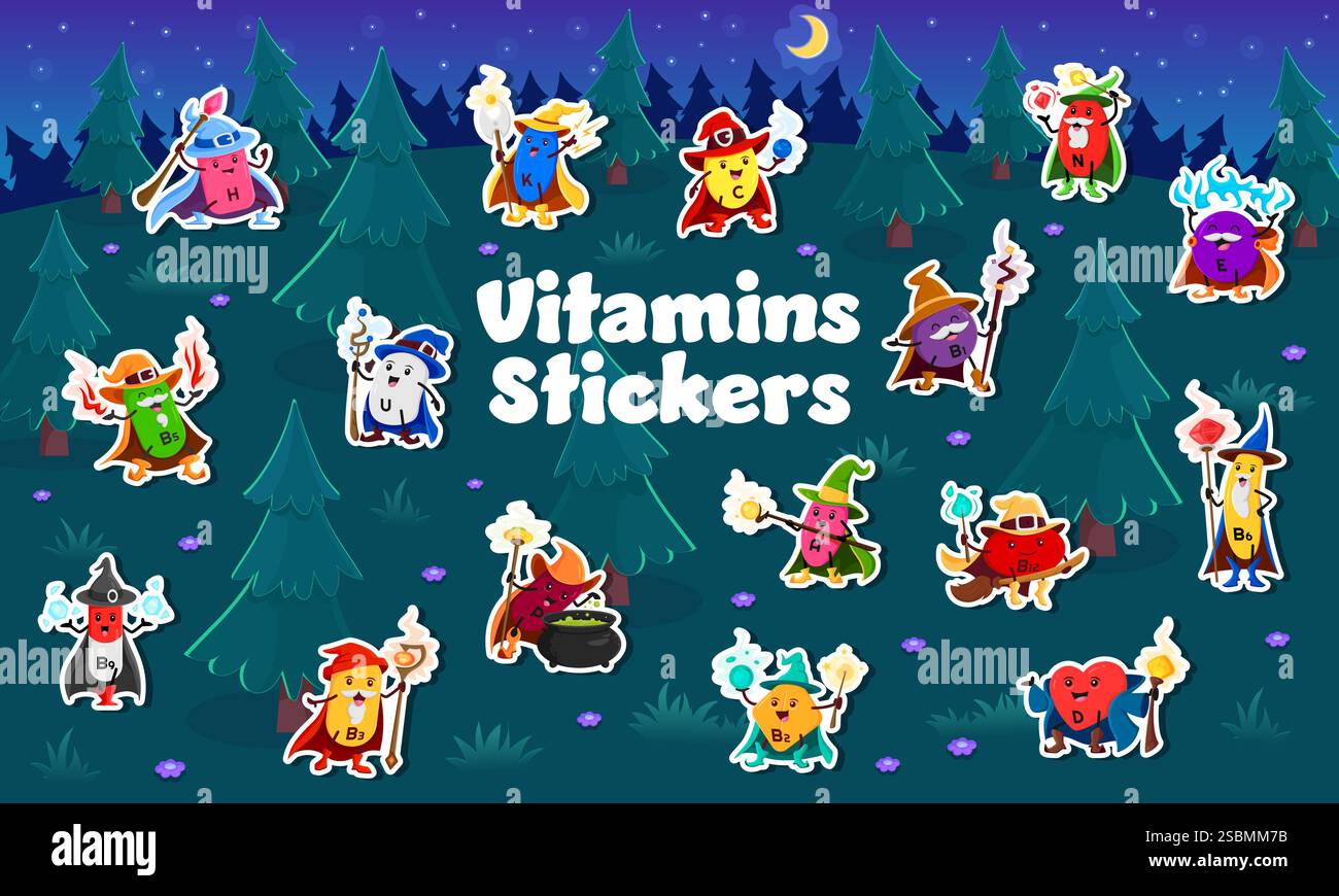 Halloween mage and sorcerer vitamin characters stickers pack. Cartoon ...