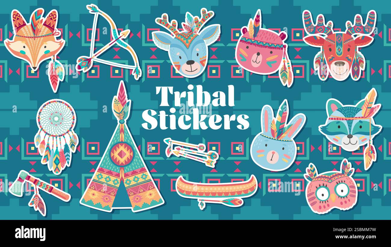 Cartoon funny cute tribal animal characters stickers pack, vector icons ...