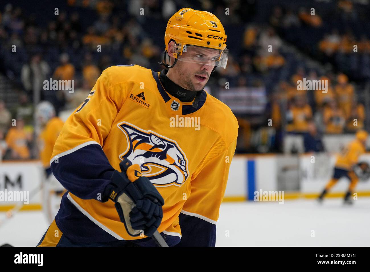 Nashville Predators defenseman Kevin Gravel (5) warms up for an NHL ...