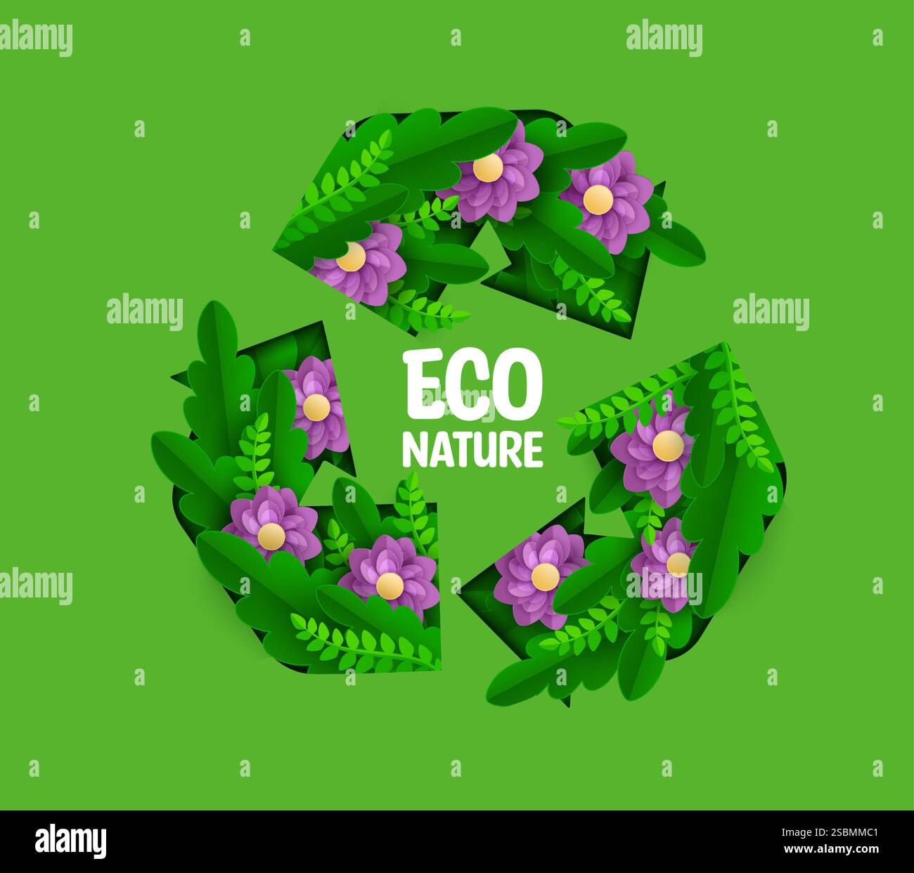 Paper cut recycle sign with green leaves and flowers, environment ...