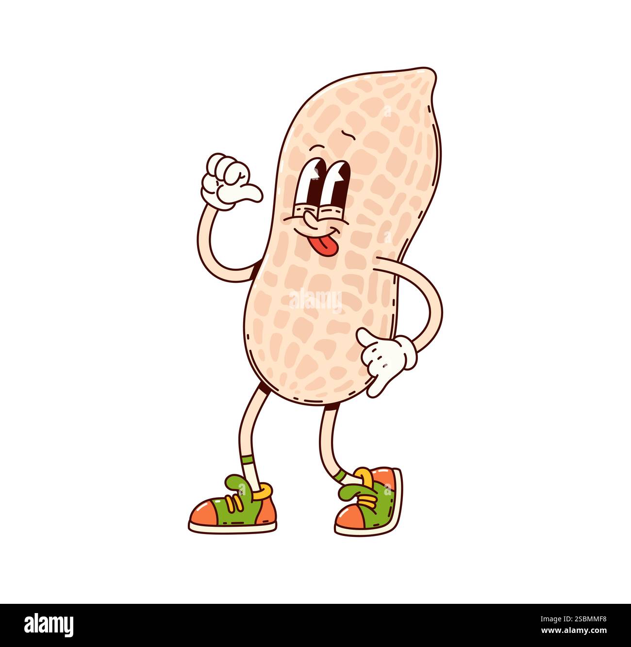 Cartoon groovy peanut nut character is smiling and showcasing a ...