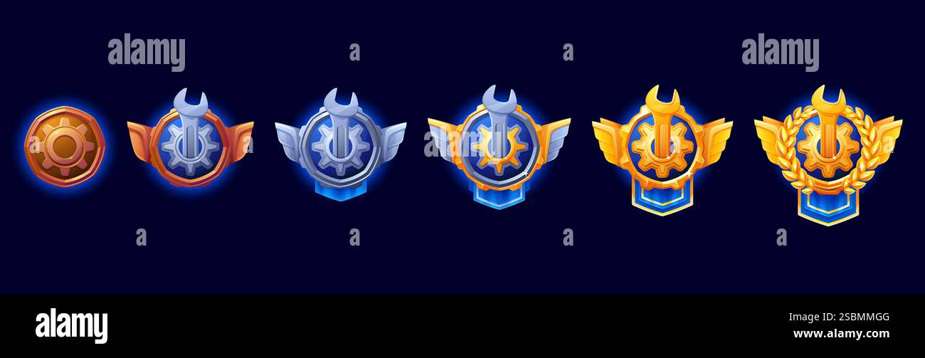 Engineer level medal, game rank badge. Vector progression of mechanical ...