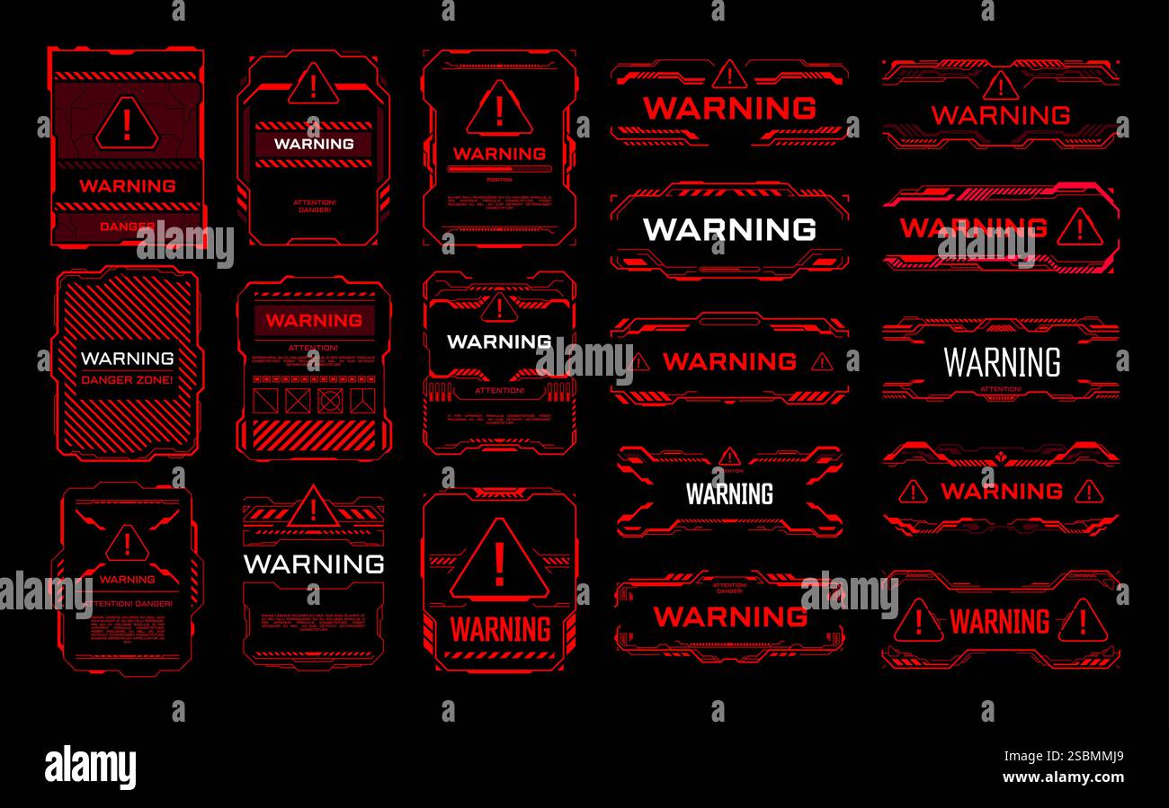 Red warning danger HUD interface frames. Vector alert, attention ...