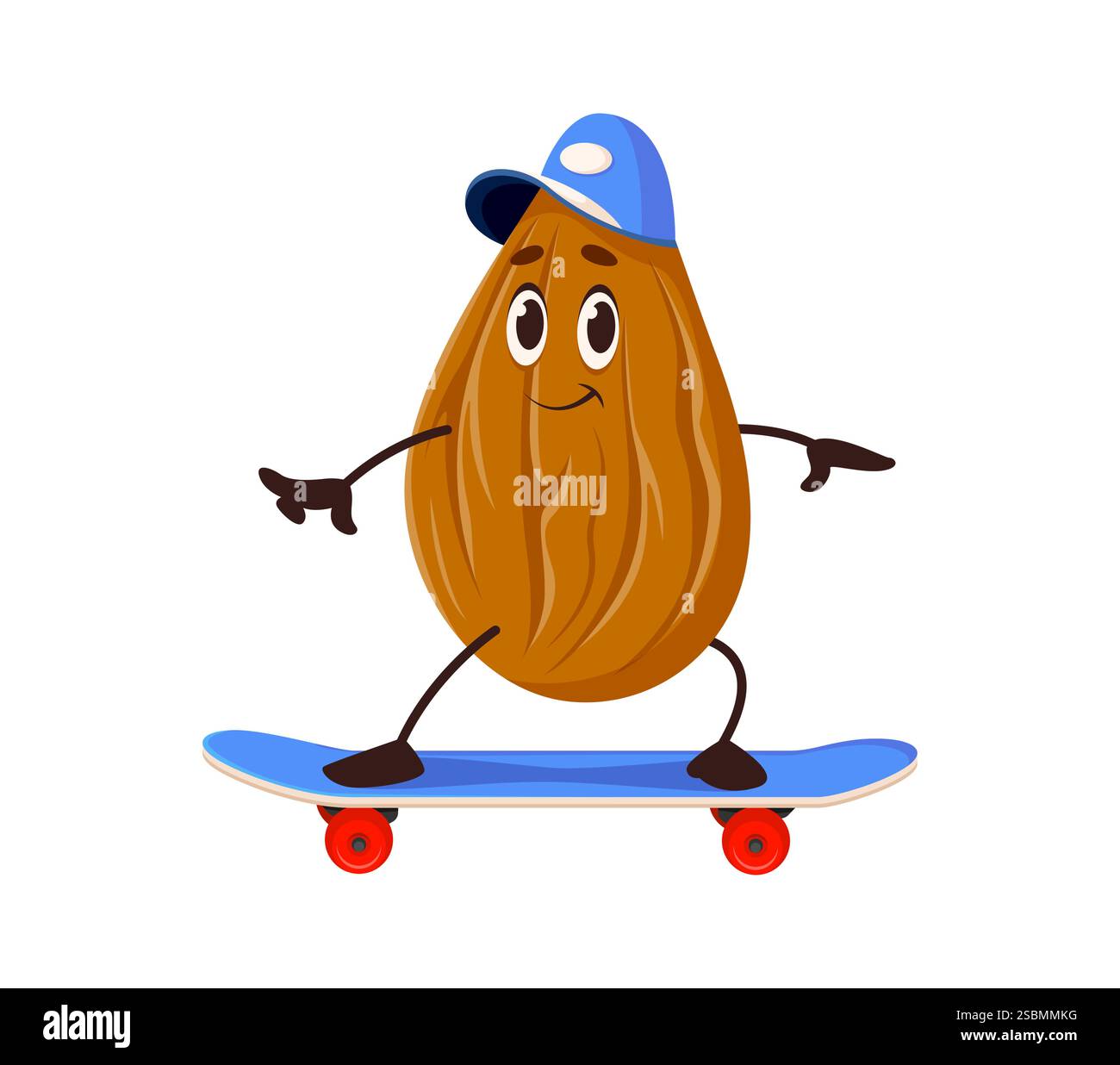 Cartoon funny almond nut character riding a skateboard with a cheerful ...