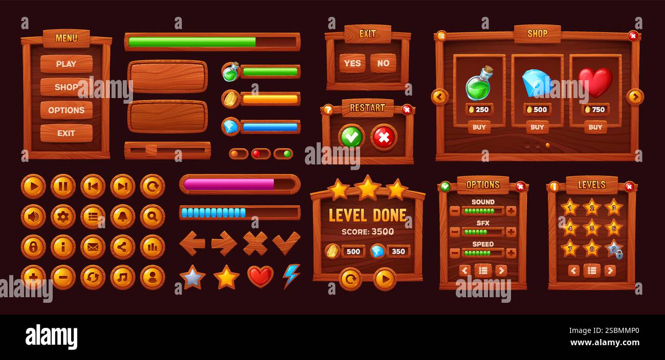 Wooden game interface buttons and bars or menu panels, vector cartoon ... Wooden game interface buttons and bars or menu panels, vector cartoon ...