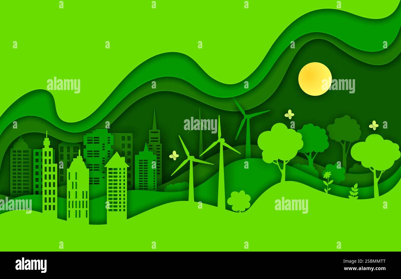 Paper cut eco city landscape with ecological environment. 3d vector ...