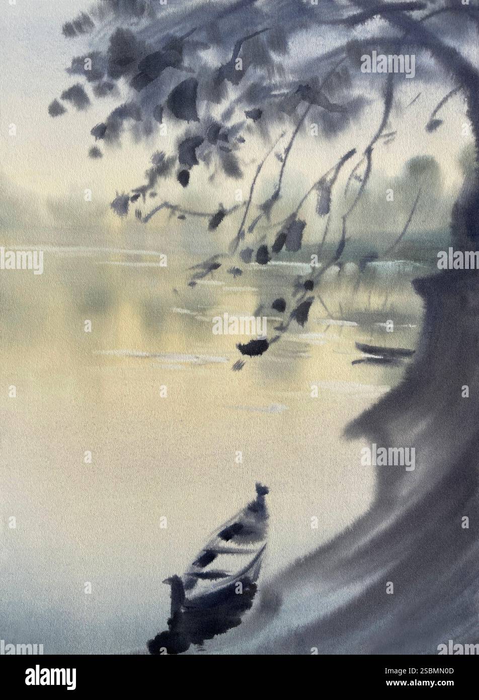 A boat on the river in the morning mist watercolor background Stock ...