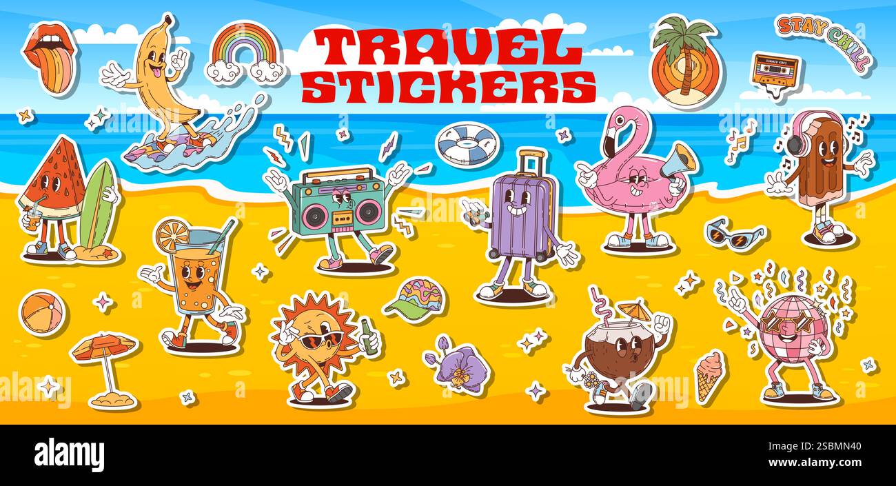 Cartoon groovy travel and summer vacation stickers pack featuring ...