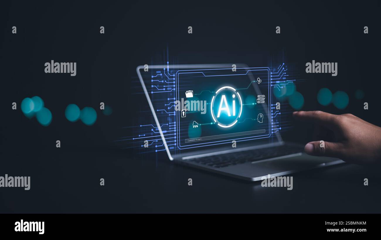 Artificial intelligence to make business more efficient, Hand point at ...