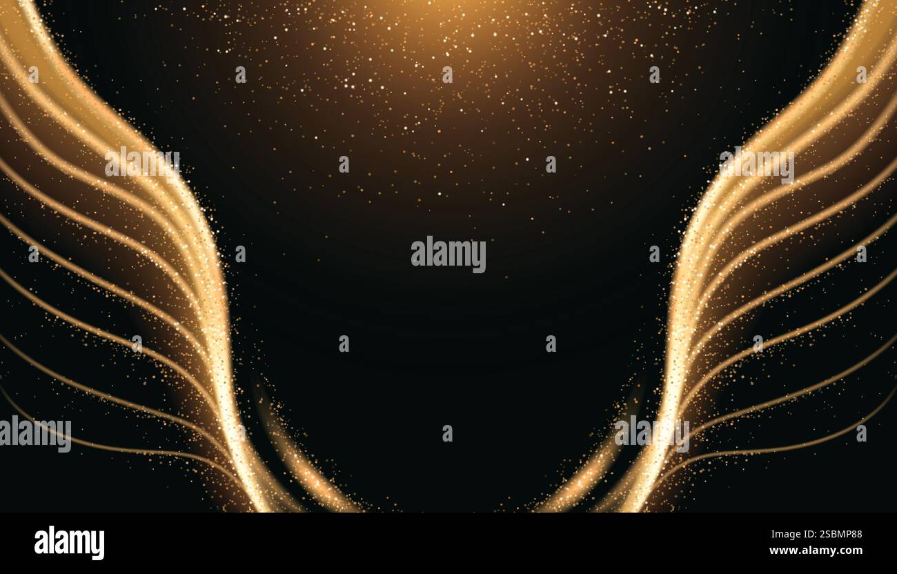 Light wing shaped line background - glowing golden streams on dark ...