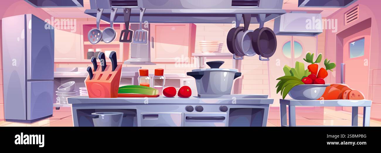 Cartoon restaurant kitchen interior with stainless steel equipment and ...