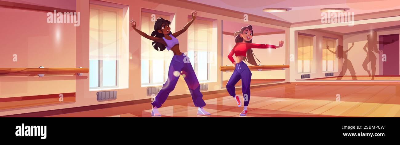 Contemporary dance studio with young women practicing modern ...