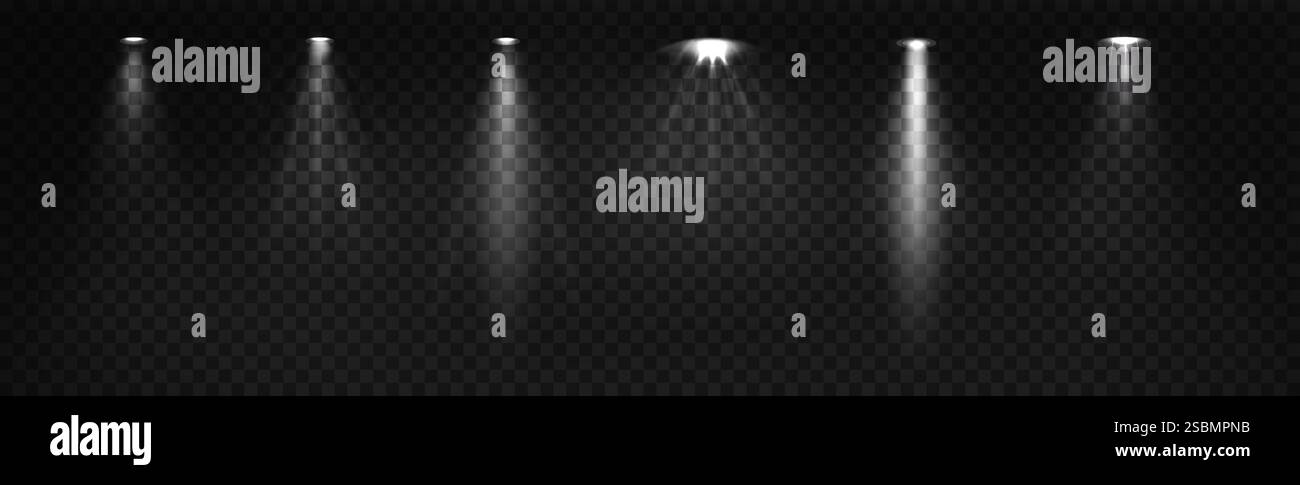 Spotlight beam set on transparent background - bright illuminated rays ...