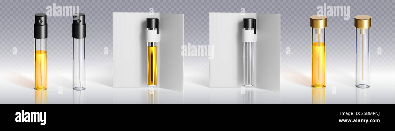 Glass perfume sample collection - transparent vials with black and gold ...