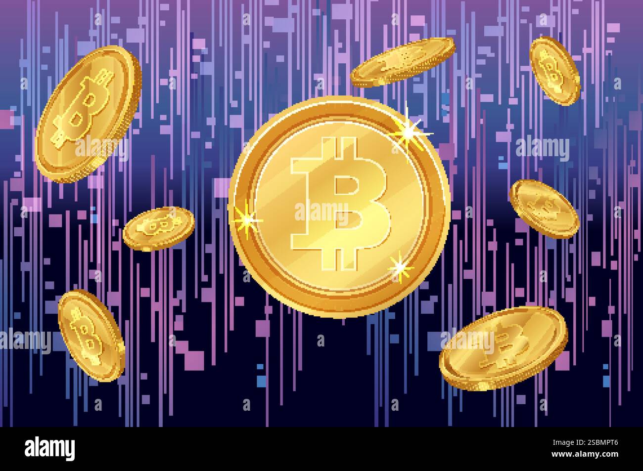 Golden coins with Bitcoin symbols on digital background Stock Vector ...