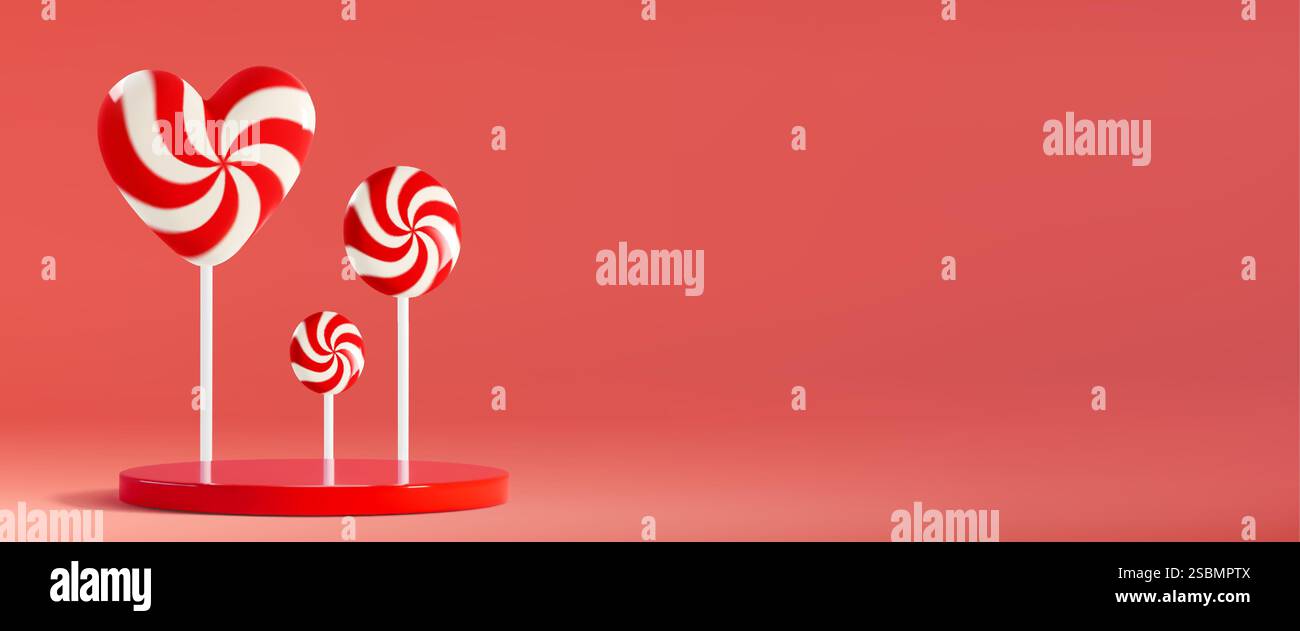 3D candy podium decorated with spiral lollipops in heart and circular shapes on red background ...