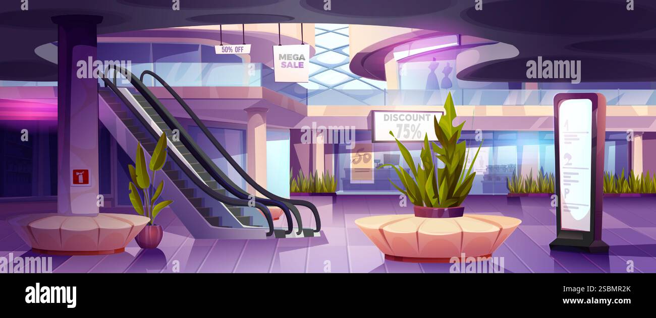 Mall entrance hall with modern escalator, decorative plants and ...