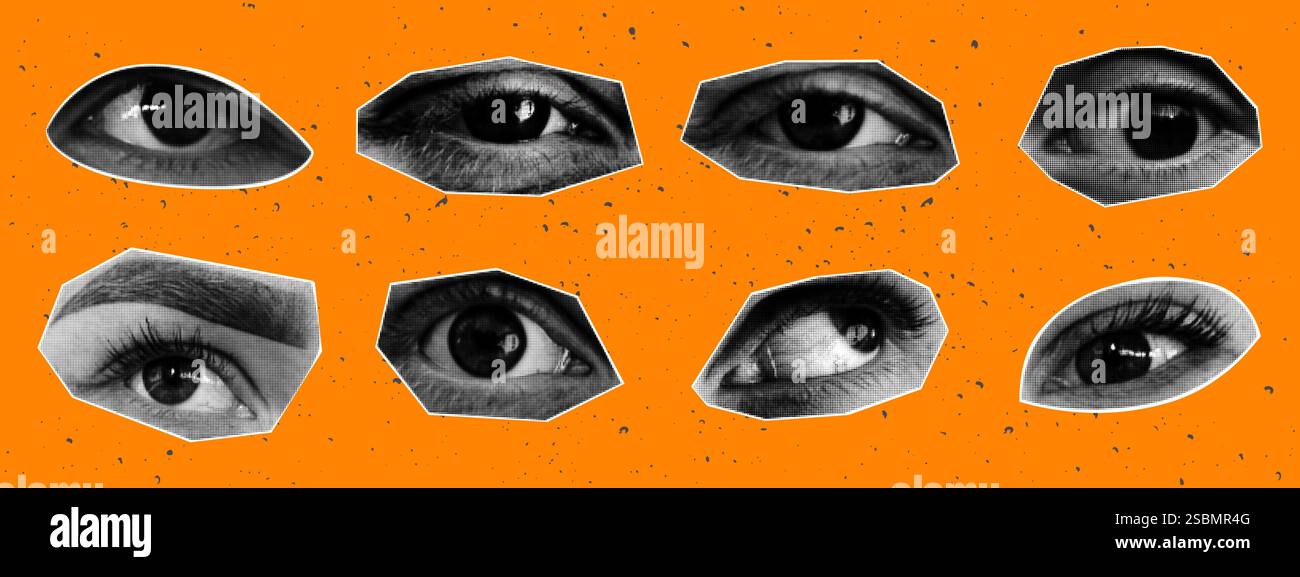 Set of eyes with paper cut halftone effect. Dotted pop art style ...