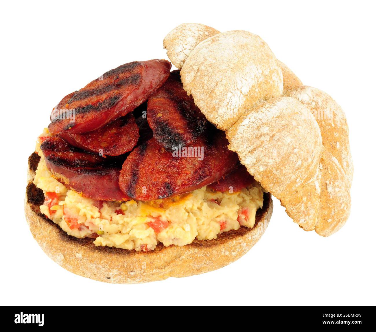 Spicy chorizo and chickpea sandwich roll isolated on a white background ...