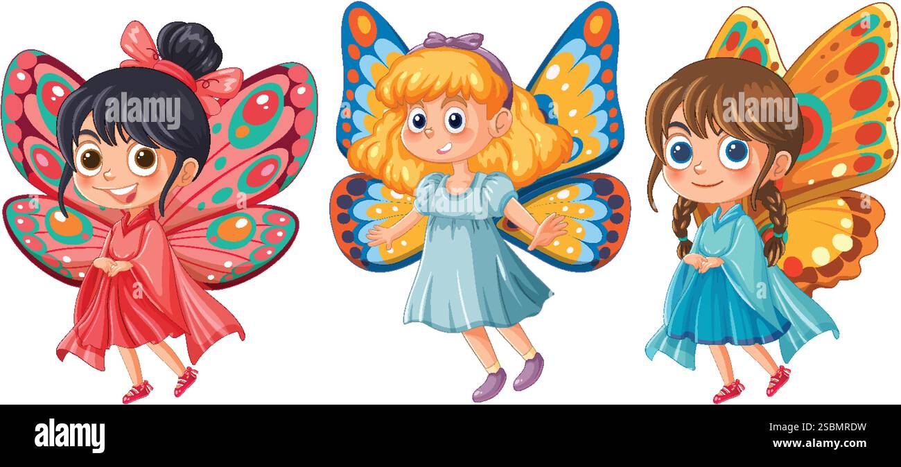 Three fairies with vibrant wings and joyful expressions Stock Vector ...