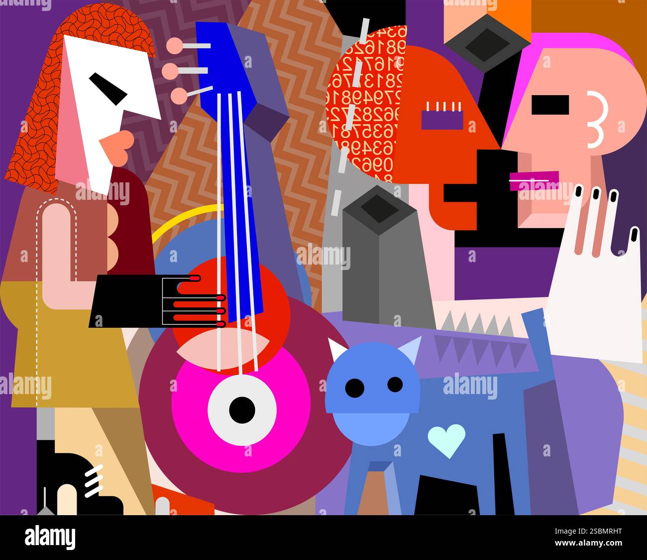 Two lovers are dancing, a woman is playing the guitar and grey cat is ...