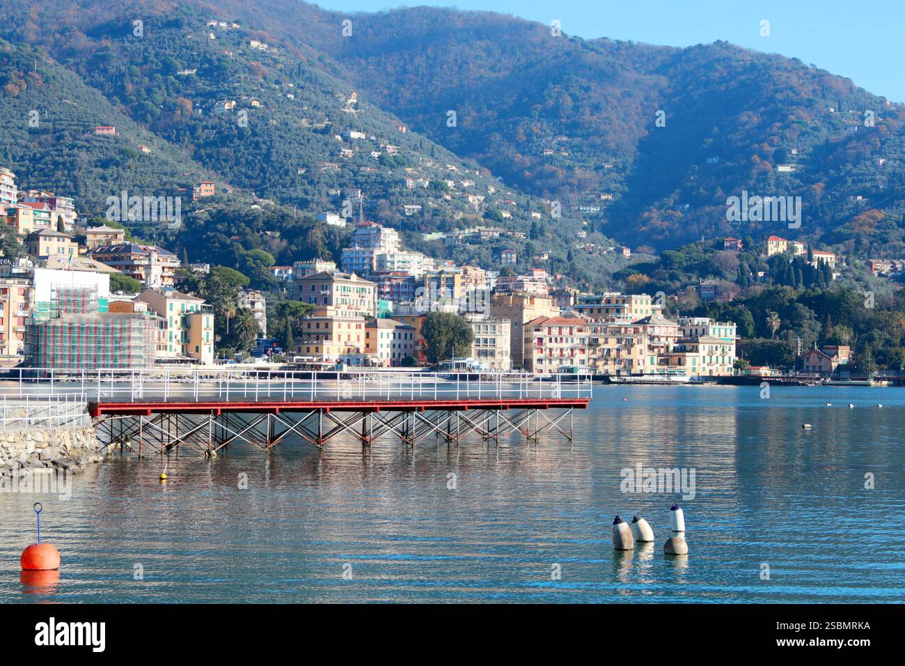 View from sea of traditional buildings and old architecture of Rapallo ...