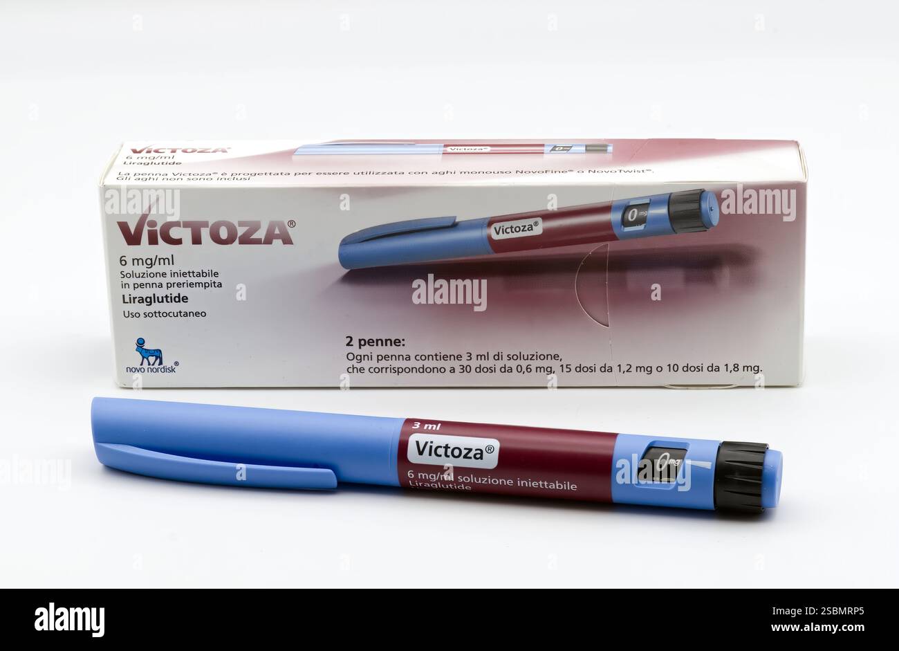 Victoza liraglutide injection pen. Italian package. White background ...