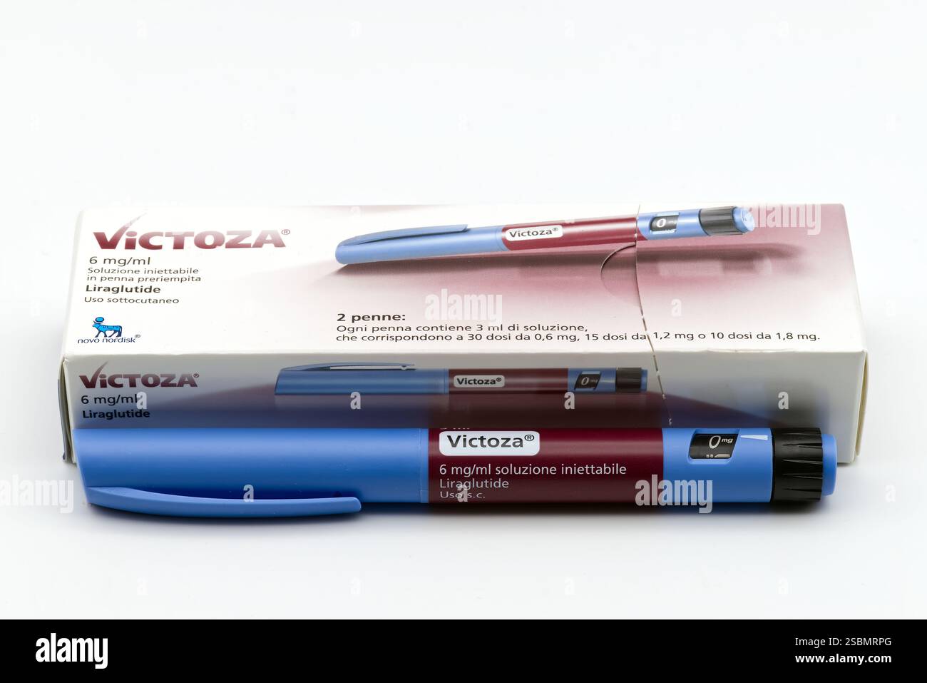 Victoza liraglutide injection pen. Italian package, isolated on white ...