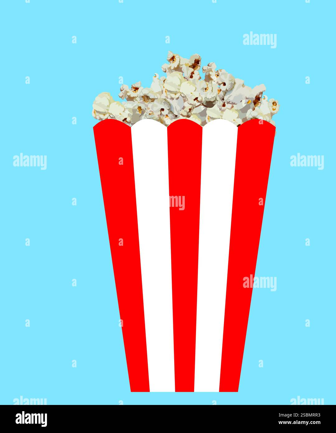 Red and white striped bucket of popcorn isolated on blue background ...