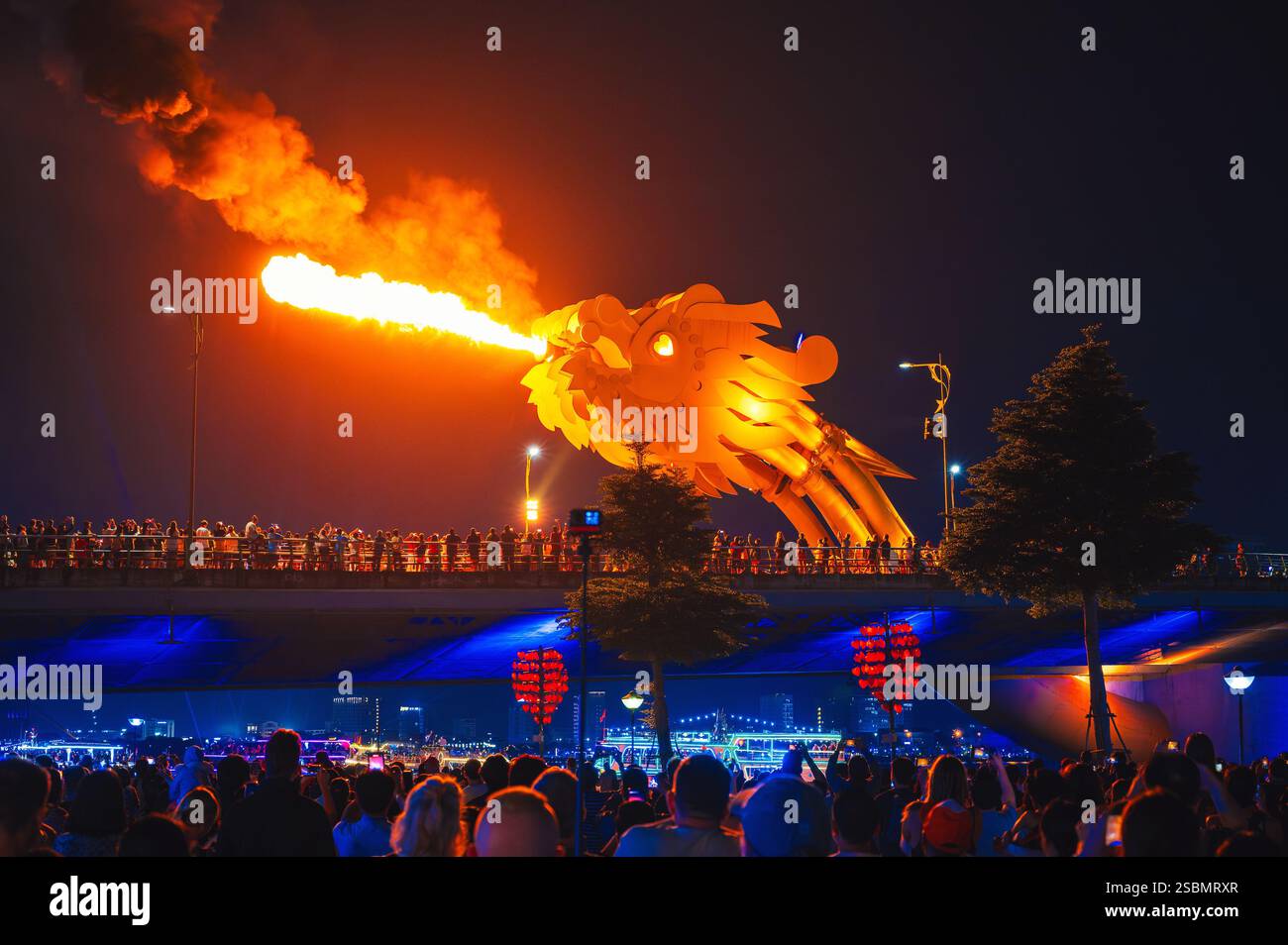 Fire show on Dragon Bridge or Cau Rong Bridge in Da Nang in Vietnam in ...
